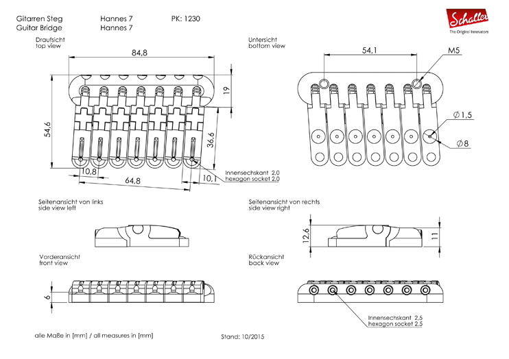 HANNES SCHALLER 7 STRINGS GUITAR BRIDGE CHROME + PIEZO (ferrules) SCHALLER